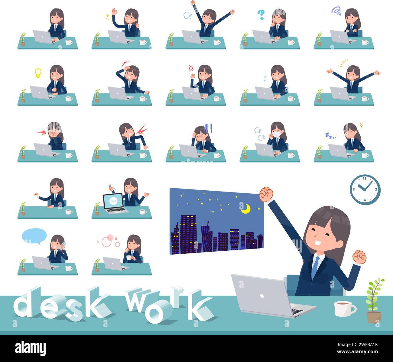 A set of navy blazer student women on desk work.It's vector art so easy ...