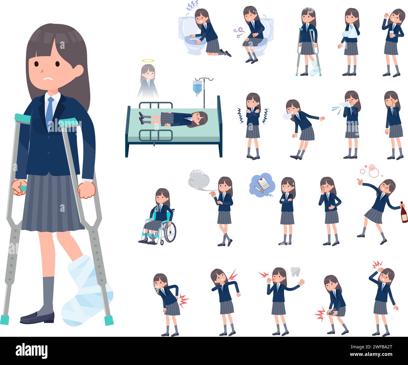 A set of navy blazer student women with injury and illness.It's vector ...