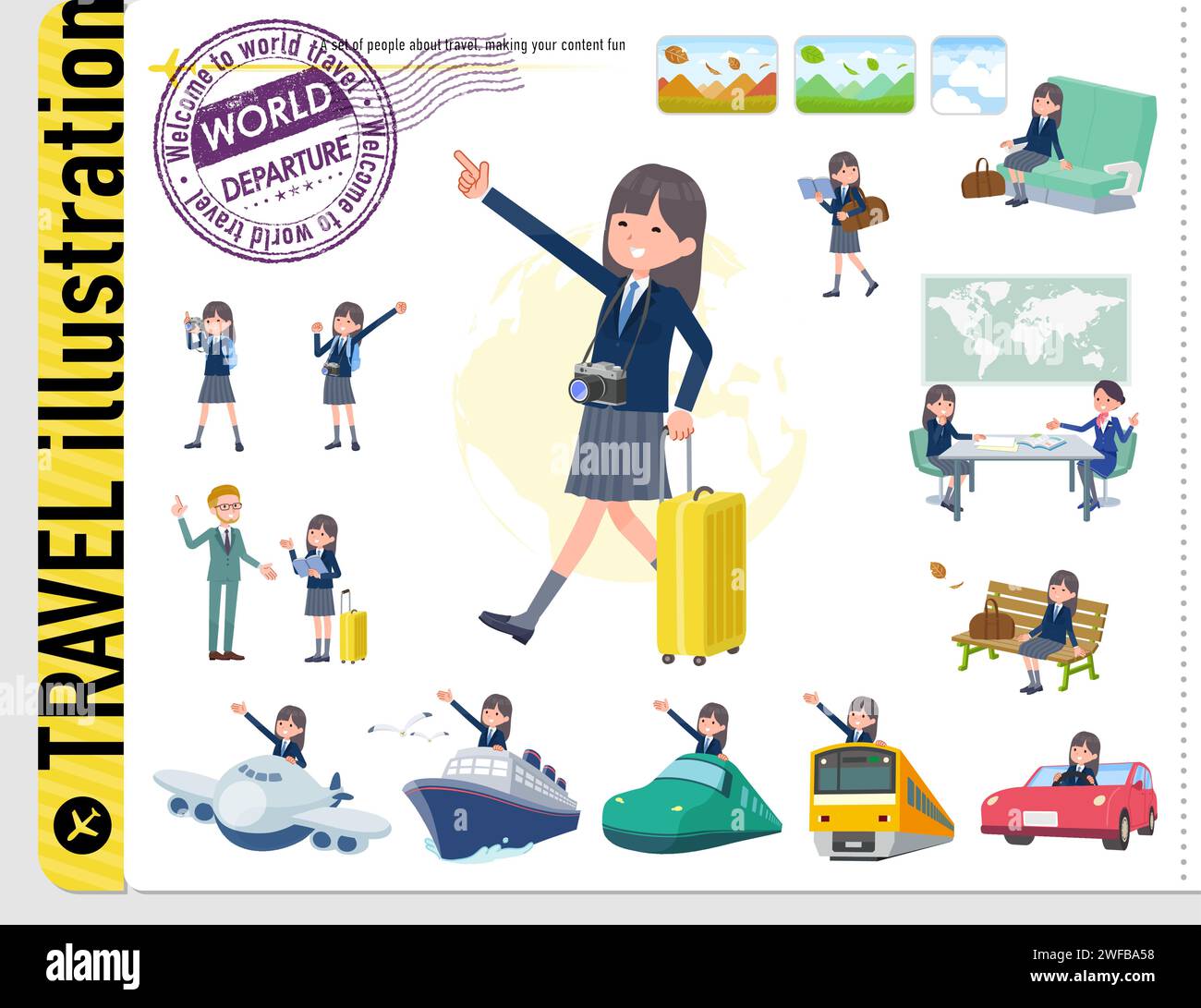 A set of navy blazer student women on travel.It's vector art so easy to ...