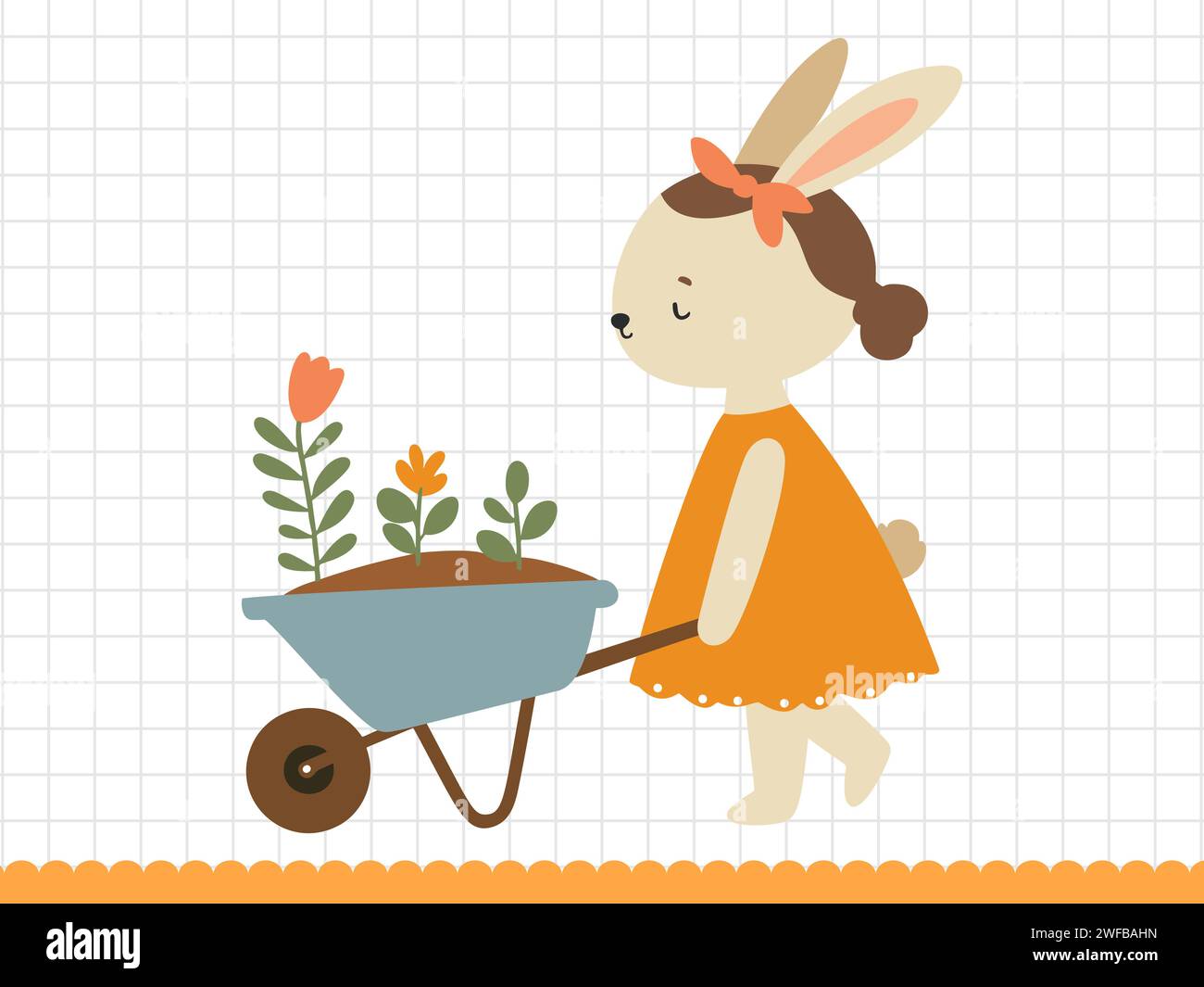 Cute girl rabbit with wheelbarrow. Little bunny in cartoon style ...