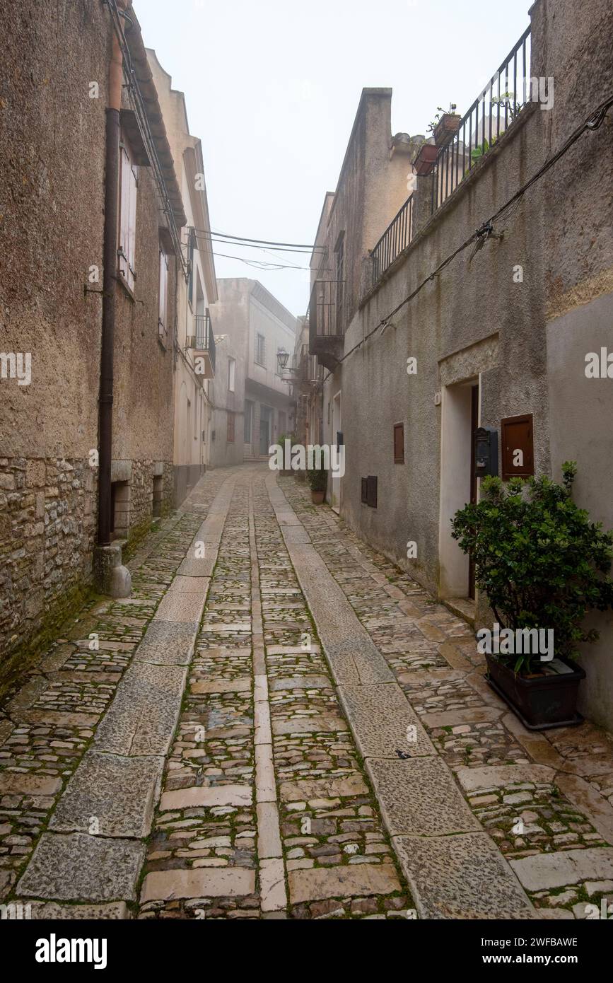 Pedestrian Cobblestone Street in Erice - Sicily - Italy Stock Photo - Alamy
