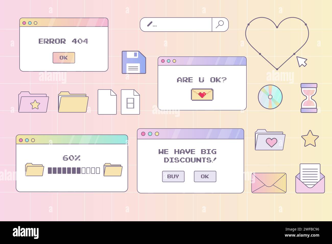 y2k interface, icon, browser computer window set pastel Retrowave pc desktop with message boxes ...