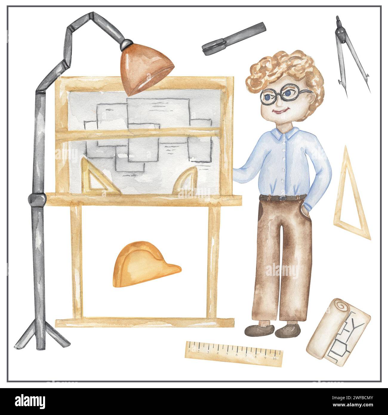 Watercolor architect designs building plan clipart, hand drawn ...