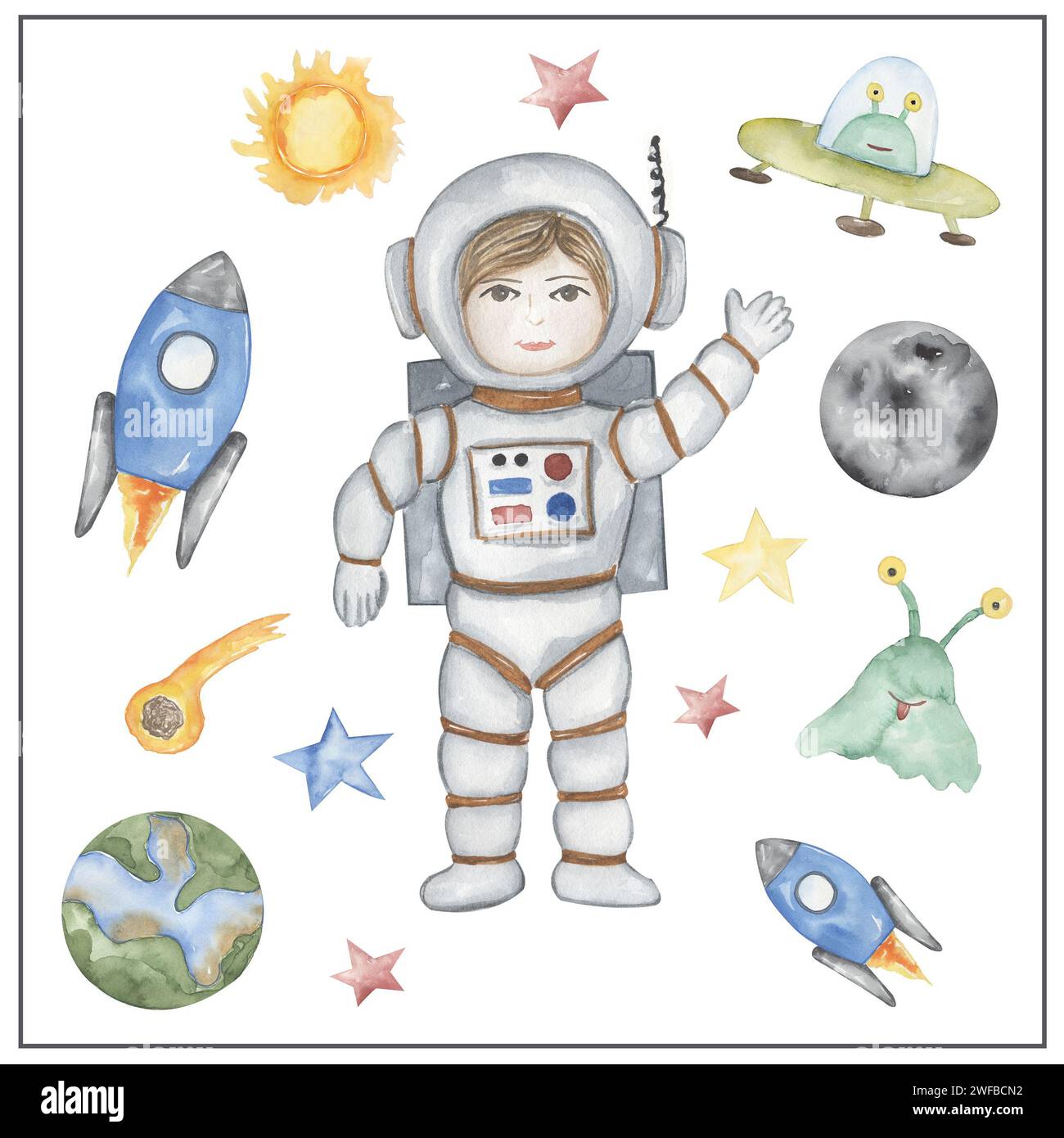 Watercolor astronaut on the space clipart, hand drawn illustration. Man ...