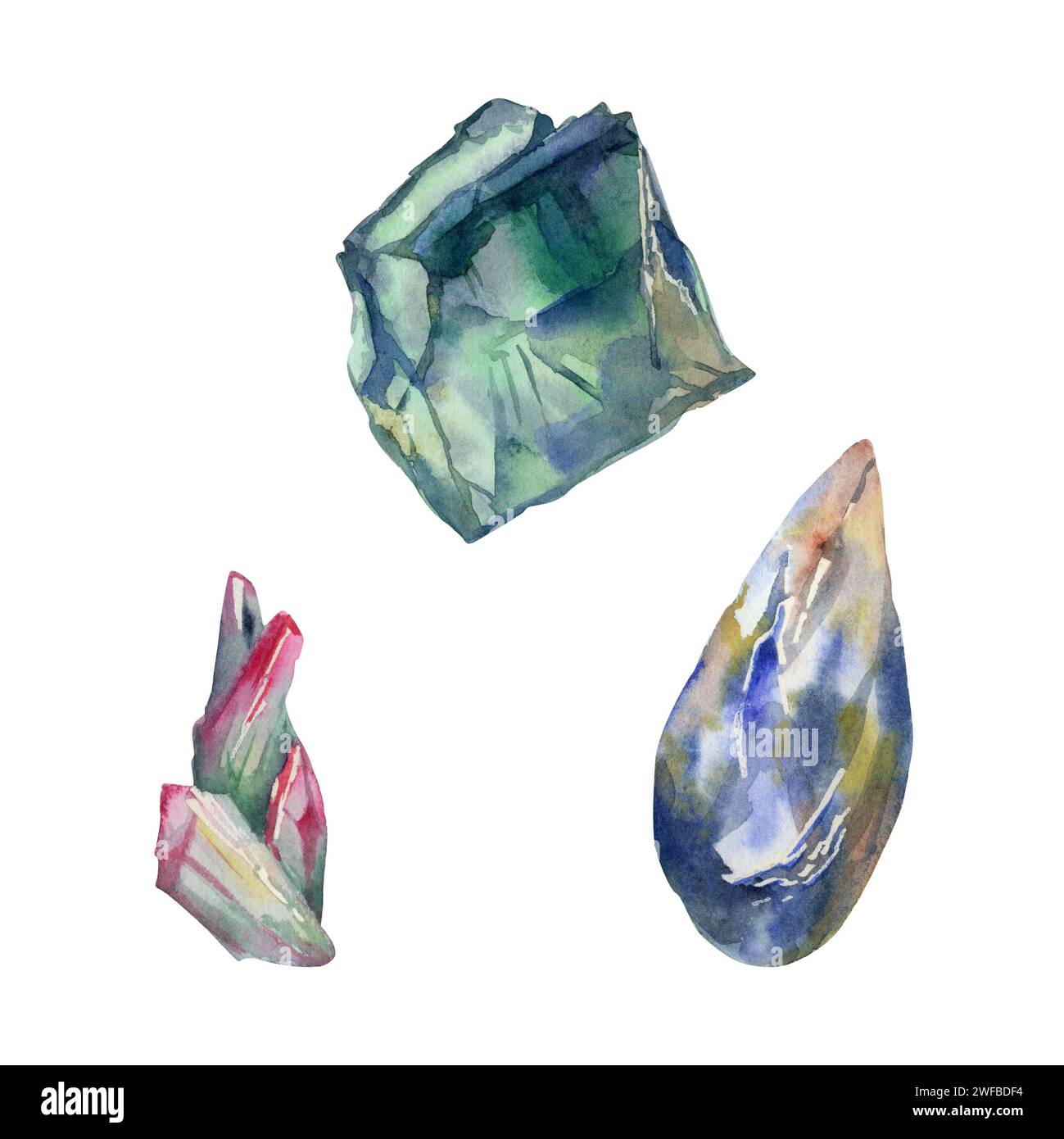 Hand drawn watercolor illustration precious semiprecious jewel gem ...