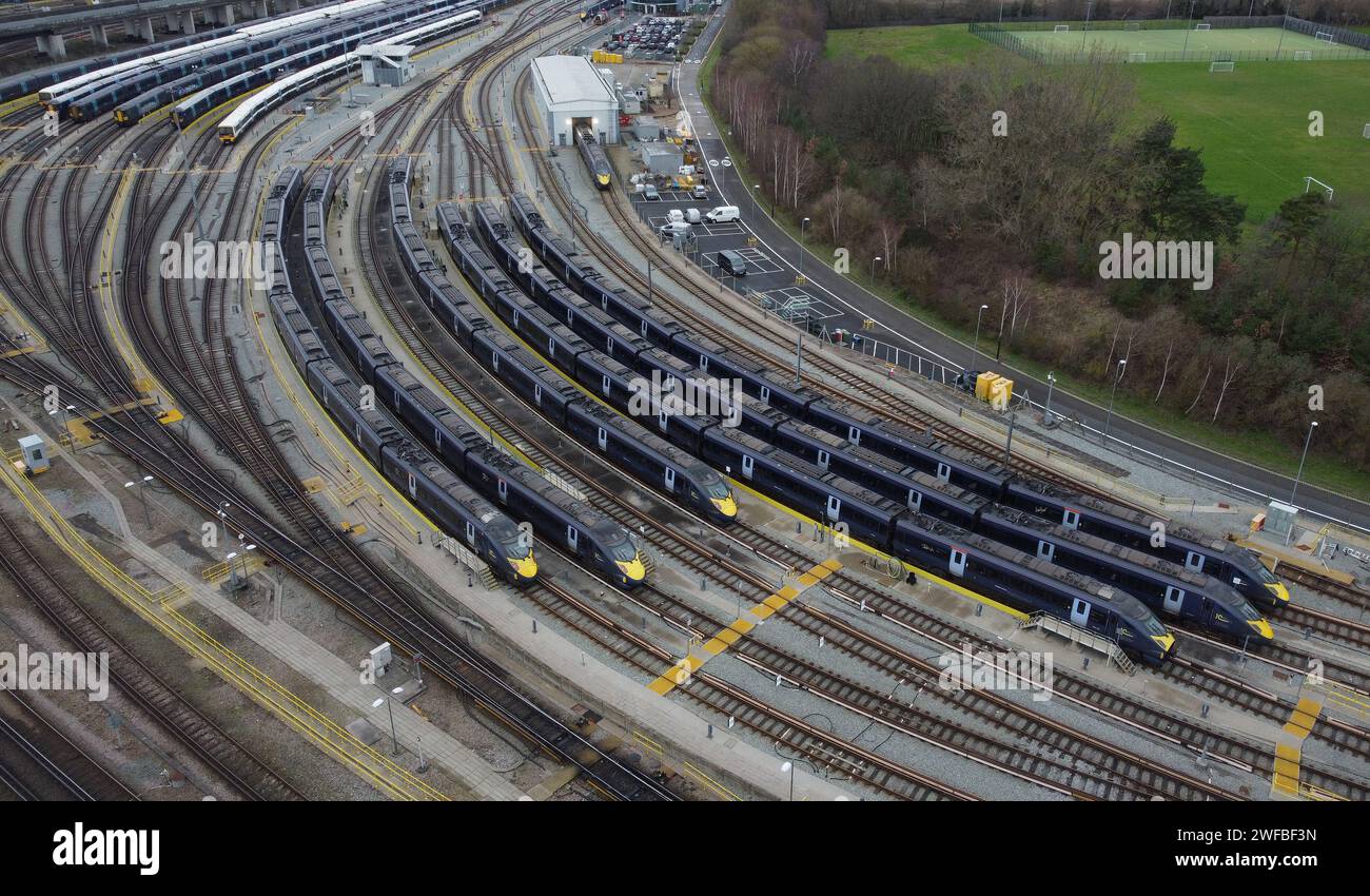 Southeastern trains in sidings at Ashford International Station in Kent ...