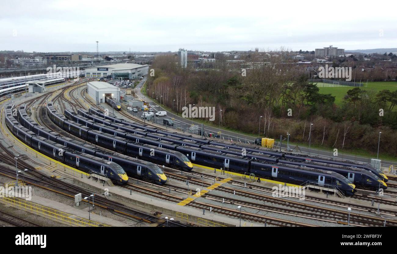 Southeastern trains in sidings at Ashford International Station in Kent ...