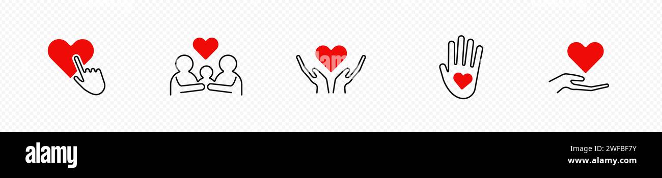 Support and donation icons. Hands with red heart as symbol of care ...