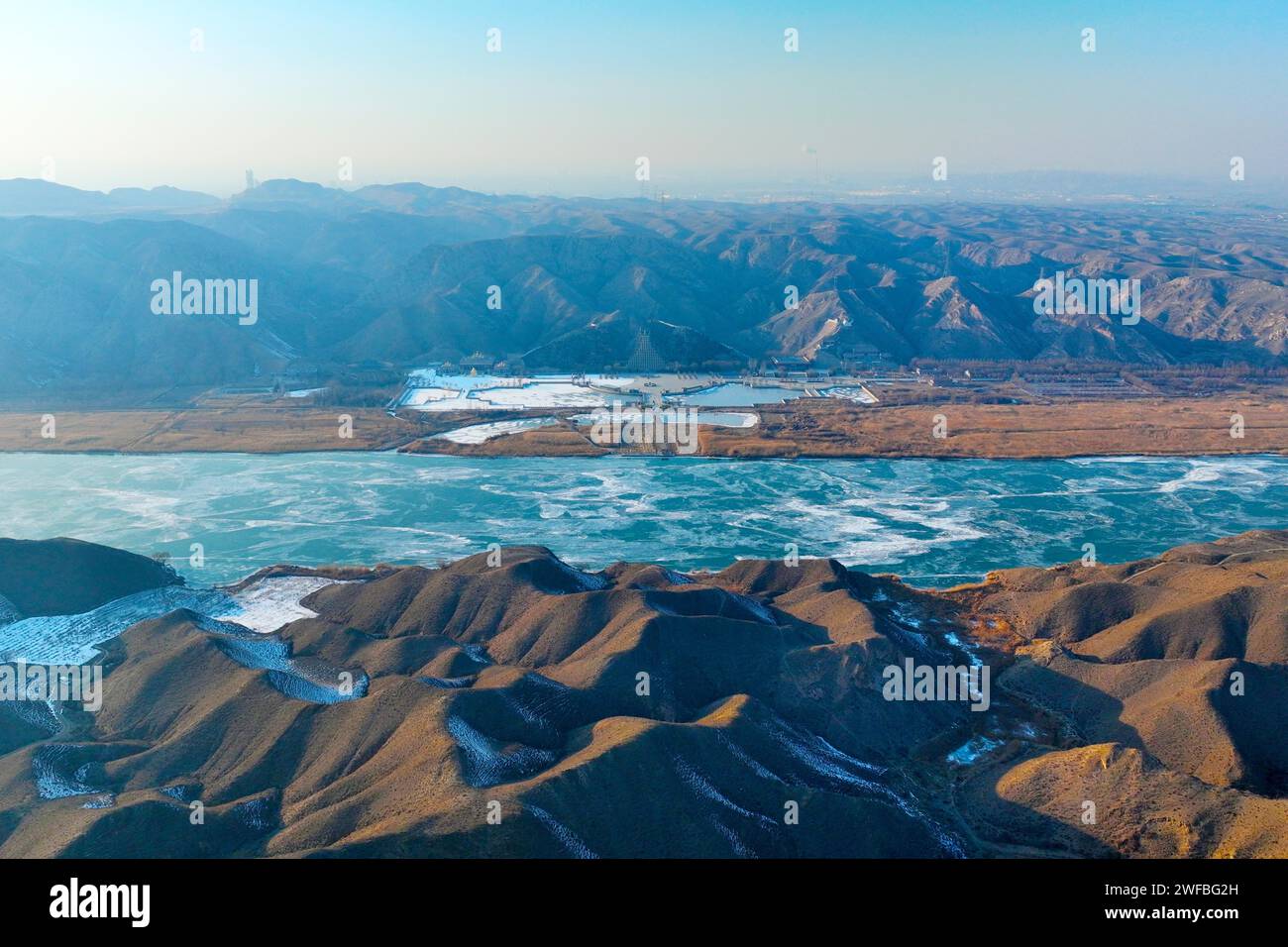 Aerial photo shows the frozen Yellow River in Qingtongxia City ...