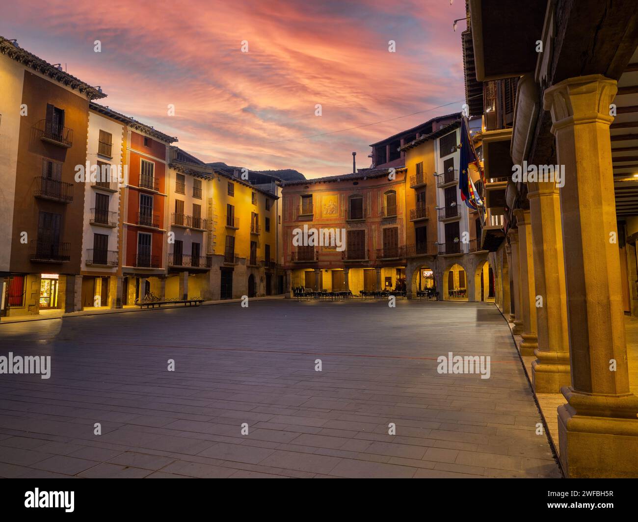 Plaza Mayor, main square of Graus, Aragon, Spain Neoclassical-Style ...