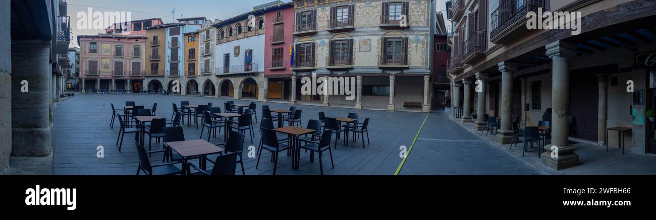 Plaza Mayor, main square of Graus, Aragon, Spain Neoclassical-Style ...