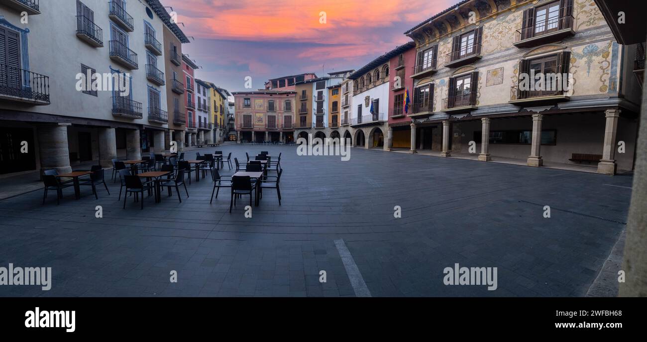 Plaza Mayor, main square of Graus, Aragon, Spain Neoclassical-Style ...