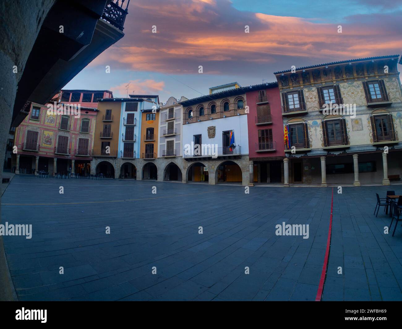 Plaza Mayor, main square of Graus, Aragon, Spain Neoclassical-Style ...
