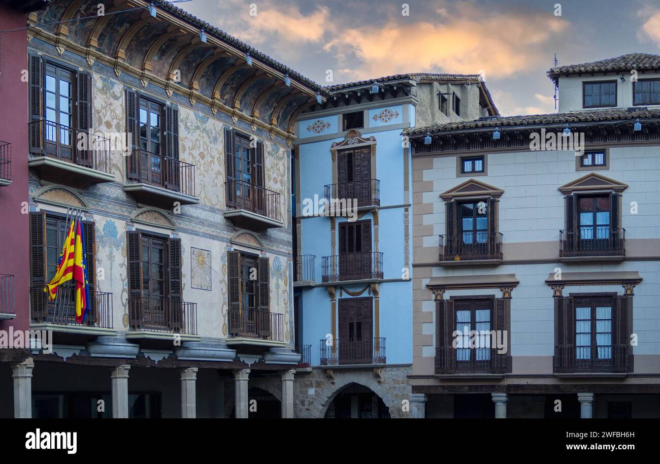 Plaza Mayor, main square of Graus, Aragon, Spain Neoclassical-Style ...