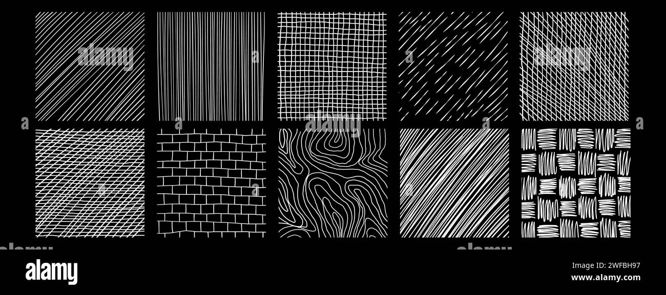 Set of textures with different hand drawn patterns. Vector scribble, horizontal and wave strokes ...