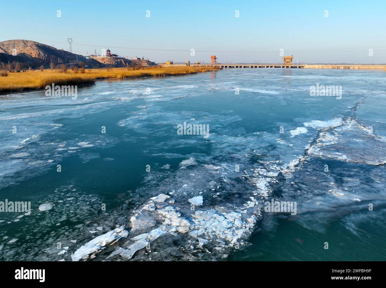 Aerial photo shows the frozen Yellow River in Qingtongxia City ...