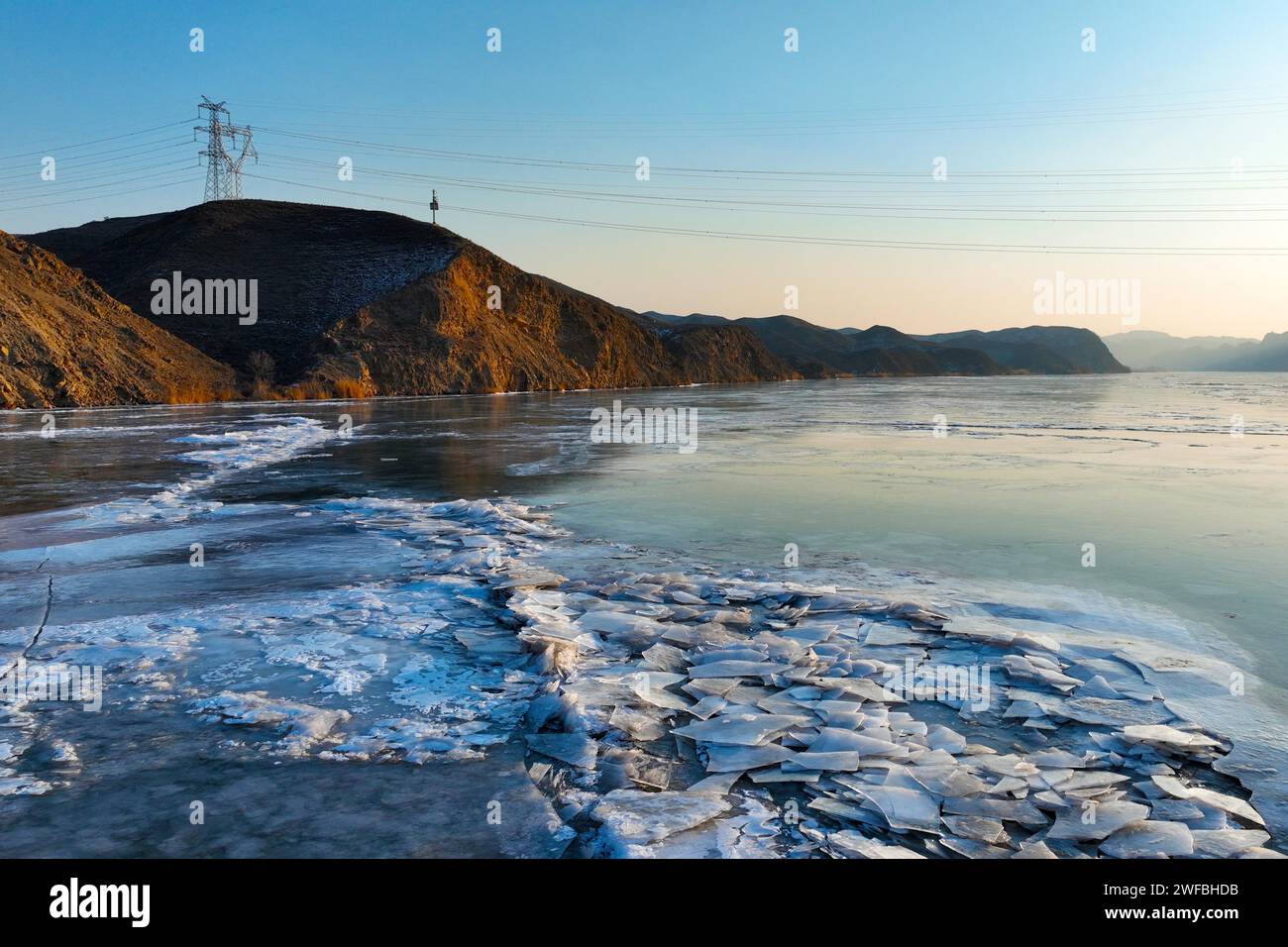 Aerial photo shows the frozen Yellow River in Qingtongxia City ...