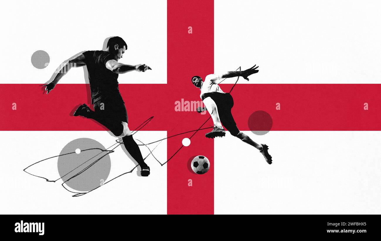 Young men, soccer players in motion, playing, representing team of ...