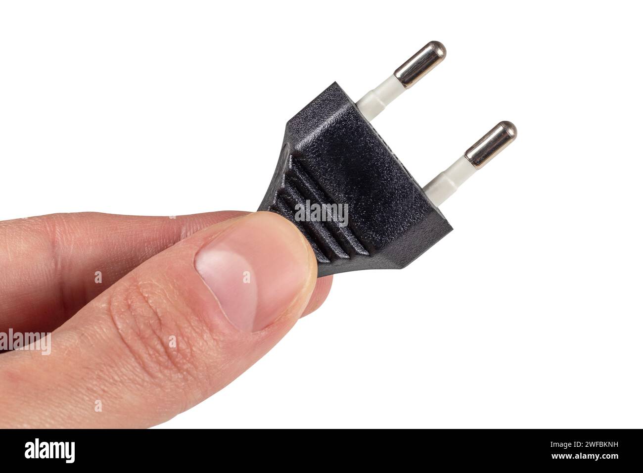 Four different black power plugs on hand isolated on white background ...