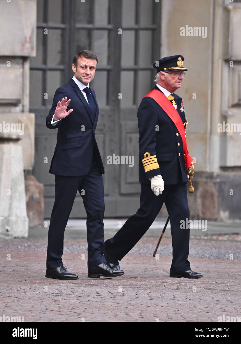 French President Emmanuel Macron and King Carl XVI Gustaf inspect the ...