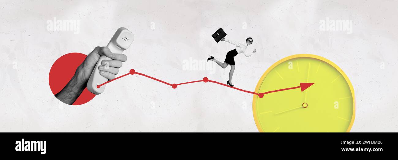Creative poster collage of running office manager clock time arrow ...