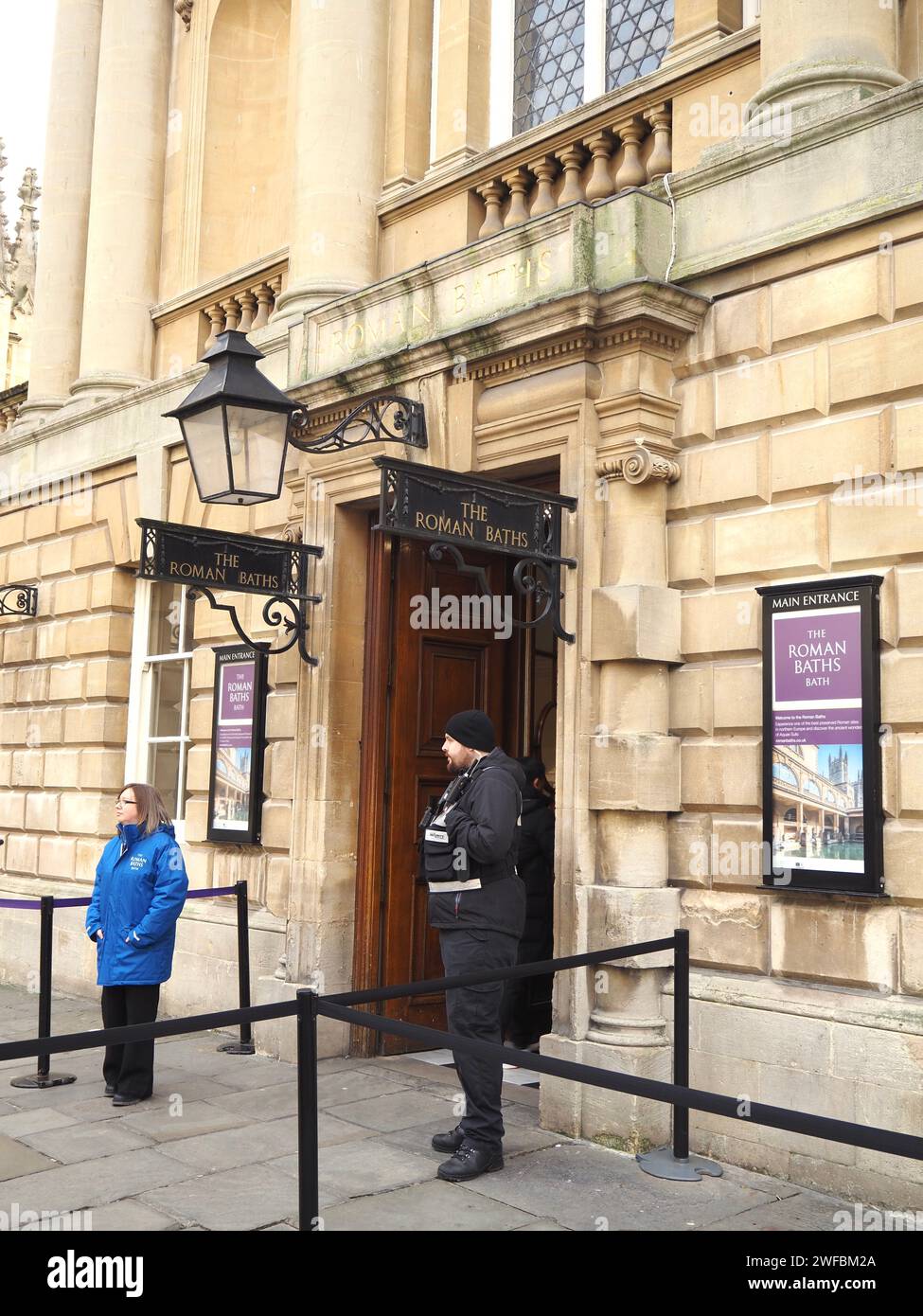 Entrance to the Roman Baths, Bath Somerset with security guard and ...