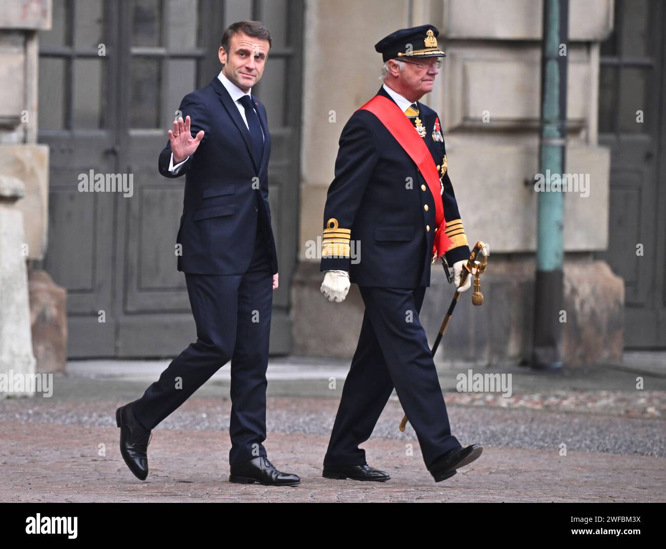 French President Emmanuel Macron and King Carl XVI Gustaf inspect the ...