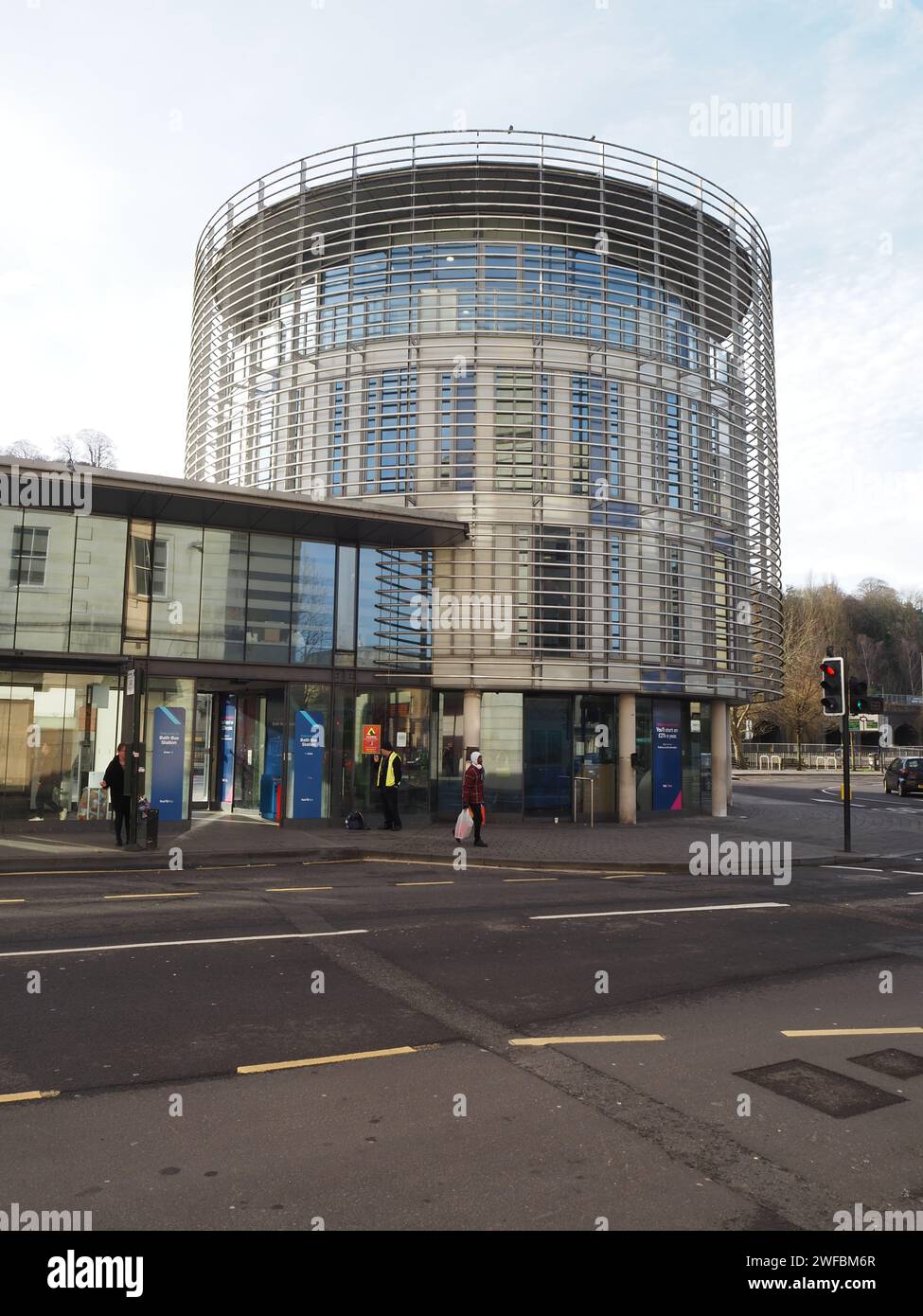 View of Bath bus station. Modernist architecture in concrete and glass ...