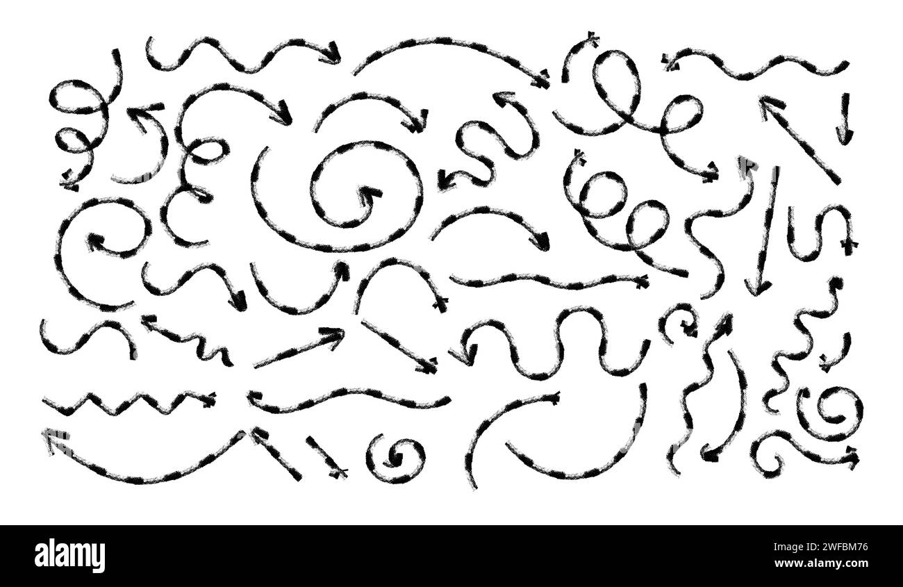 Hand drawn crayon chalk charcoal line arrows set. curvy and wavy arrows ...