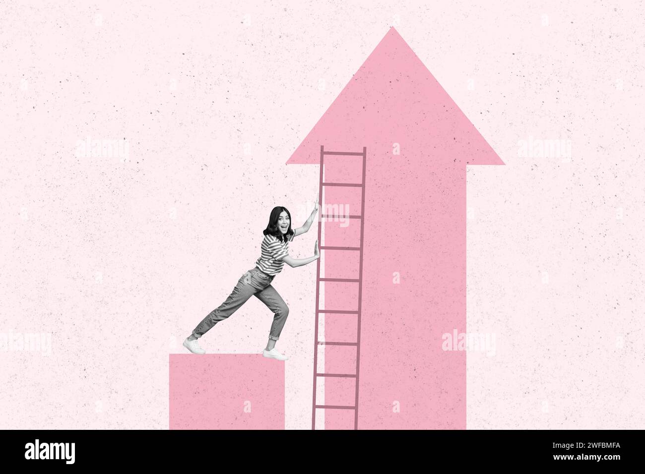 Creative trend collage of funny female hold ladder career arrow point ...