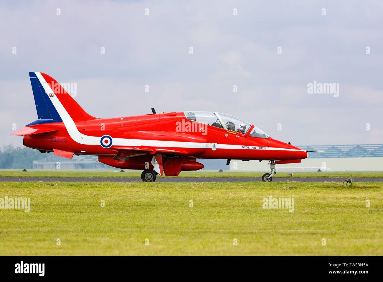 A Royal Airforce Red Arrows Hawk T1 jet aircraft prepares to take off ...