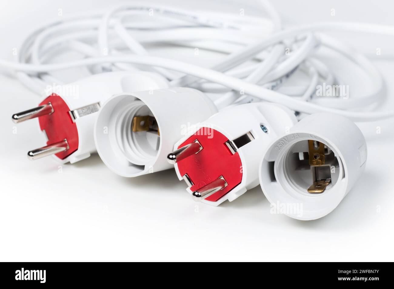 Electric European plug and lamp holder. White power cable with plug ...