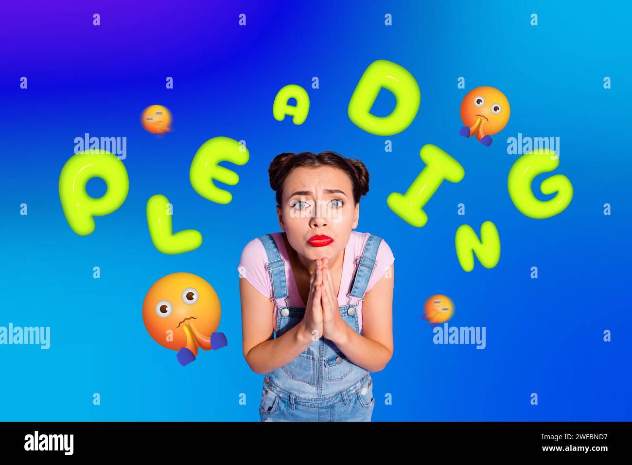 Magazine collage picture of unhappy sad lady hands together pleading ...