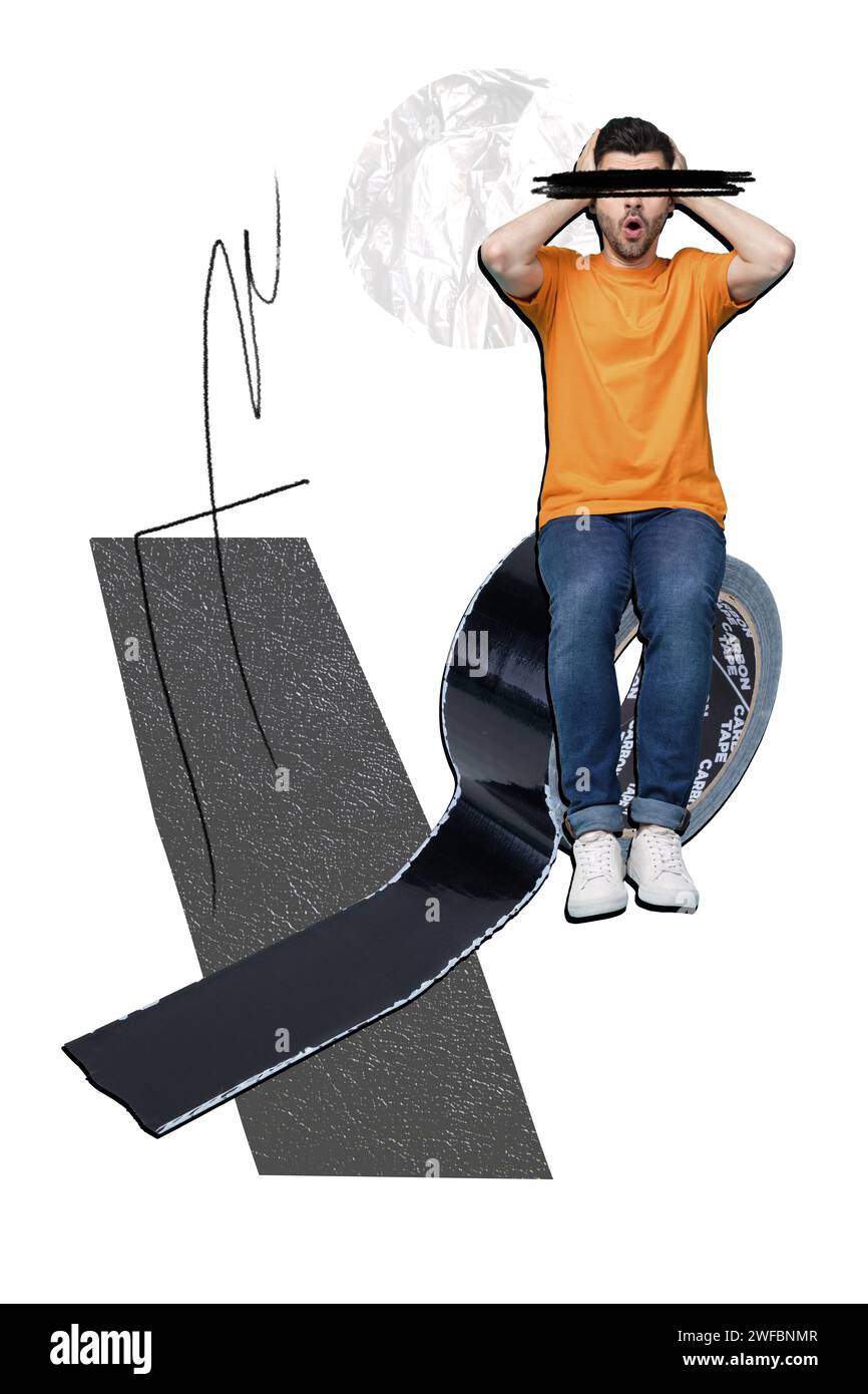 Vertical photo collage of confused man touch his head when realize how ...