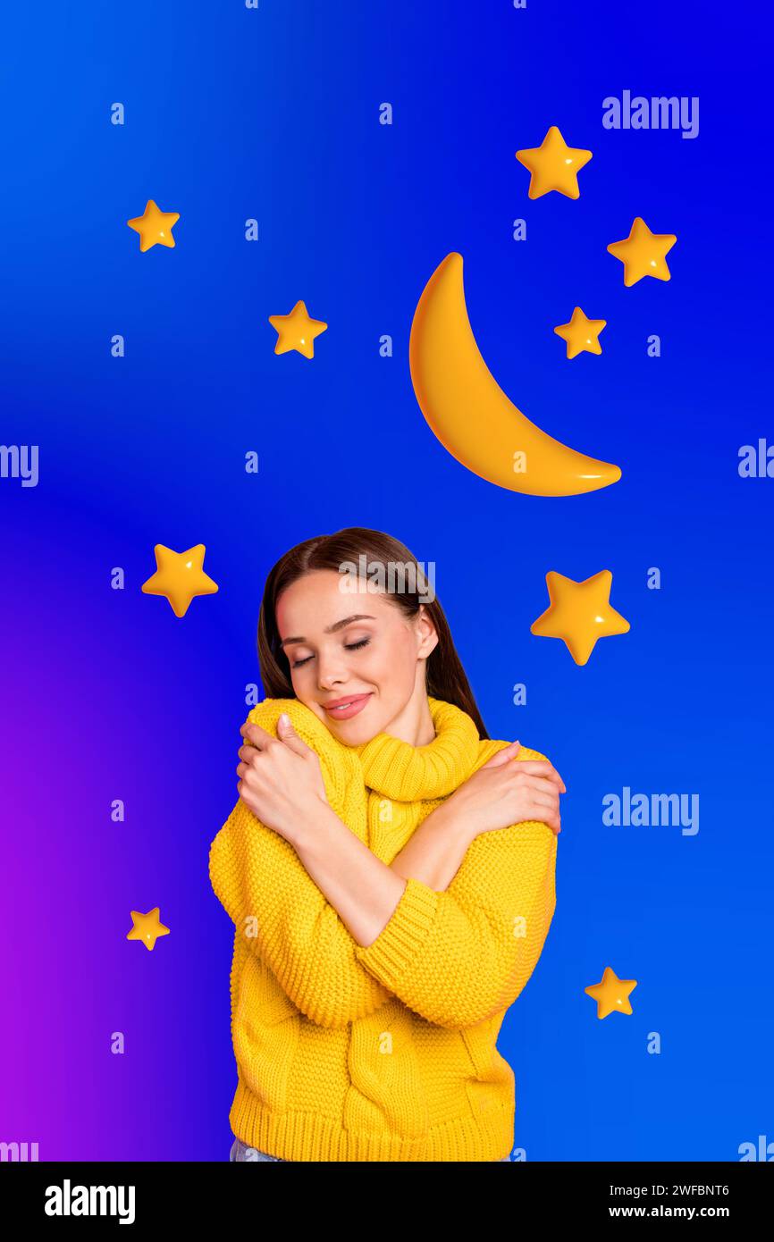 Creative picture collage of cute girl hug herself over night background ...