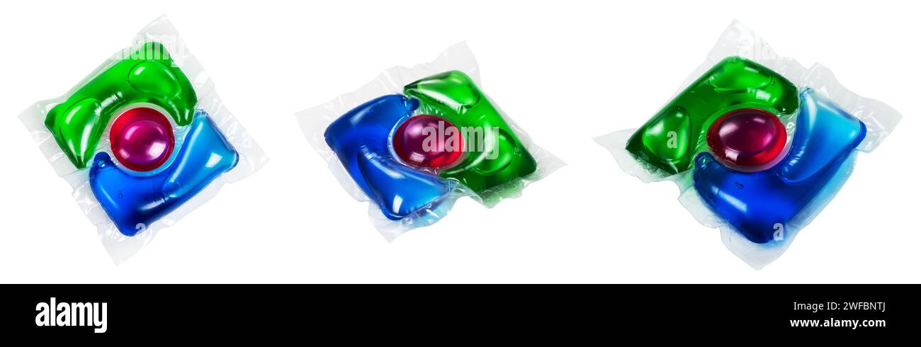 Washing gel capsule pod with laundry detergent isolated on white ...