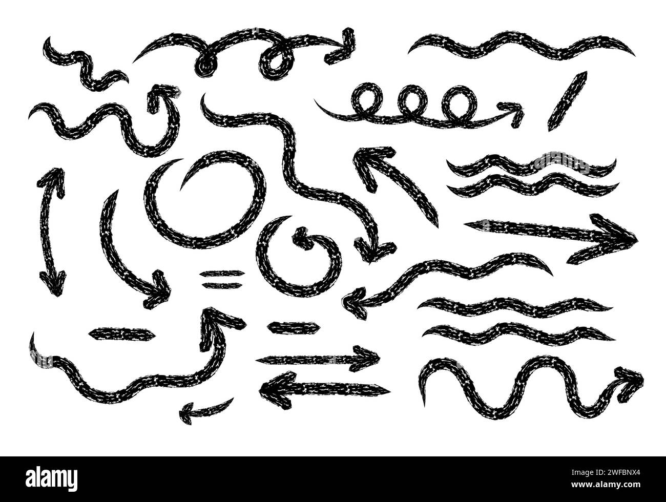 Hand drawn crayon chalk charcoal line arrows set. curvy and wavy arrows isolated on white. Group ...