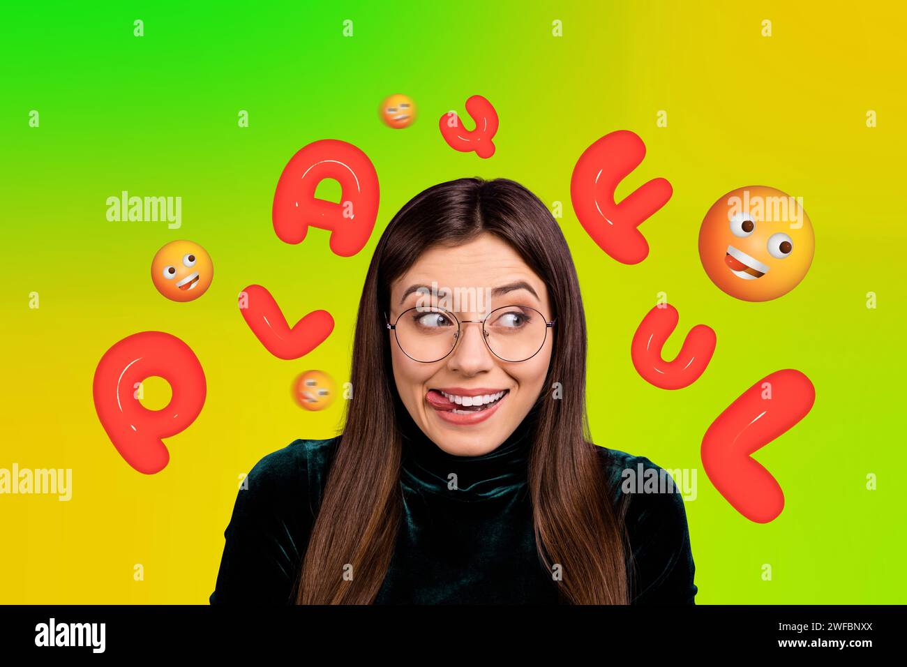 Creative colorful collage poster of cute funny lady feel playful ...
