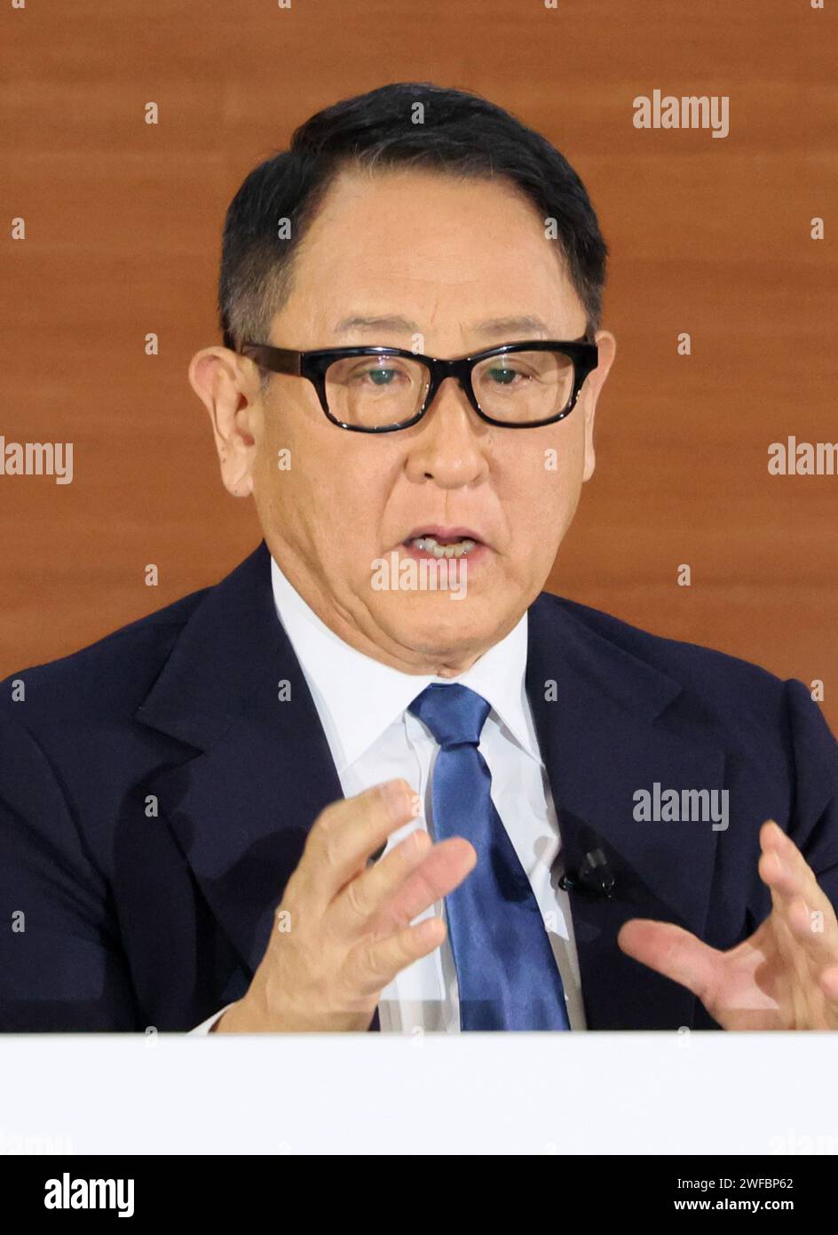 Nagoya, Japan. 30th Jan, 2024. Toyota Motor chairman Akio Toyoda speaks ...