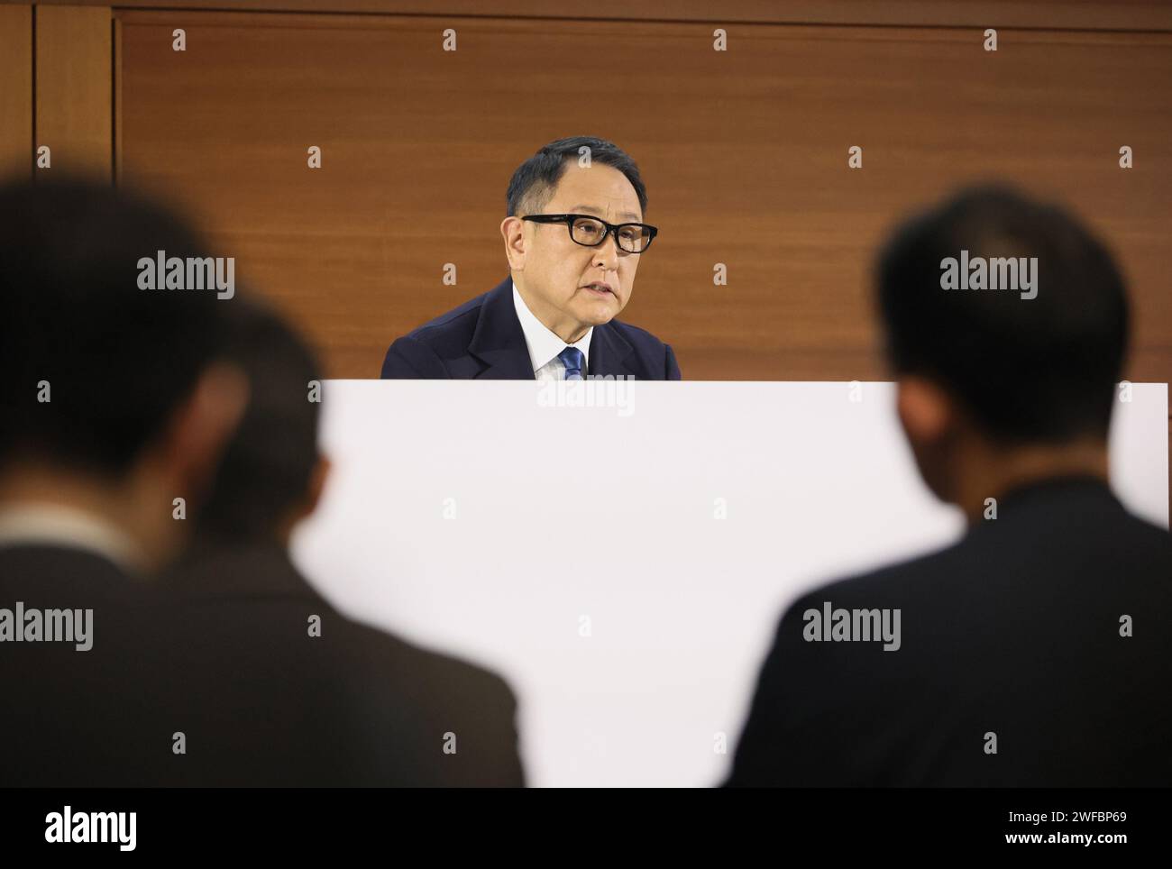 Nagoya, Japan. 30th Jan, 2024. Toyota Motor chairman Akio Toyoda speaks ...
