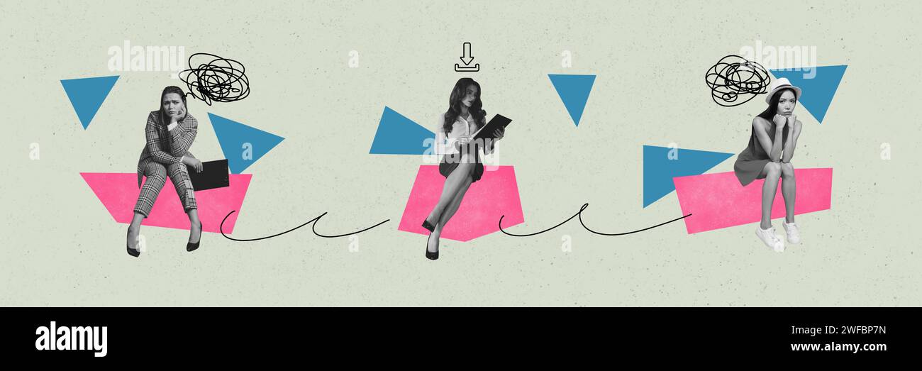 Contemporary art collage image of three girls hate their jobs connected ...