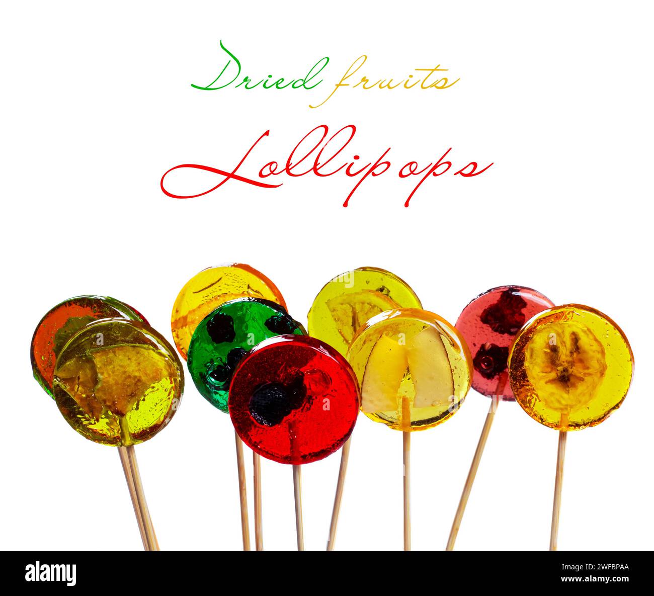 Sweet colorful lollipops with dried fruits on white background Stock ...