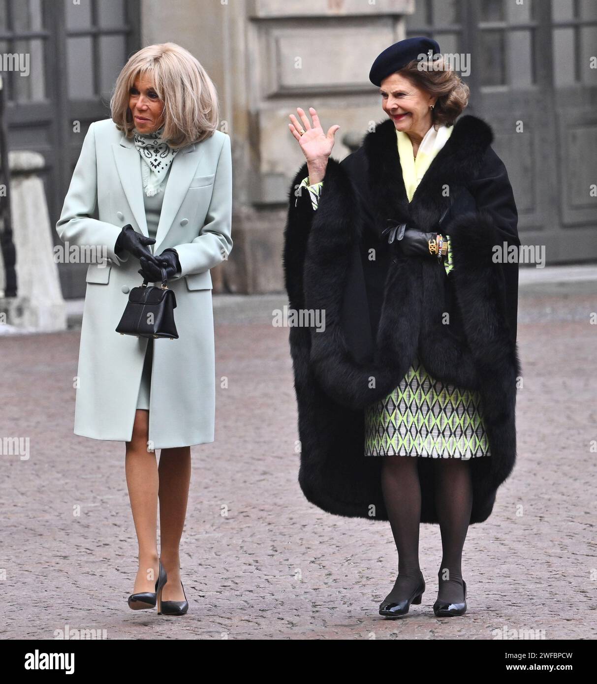Mrs Brigitte Macron and Queen Silvia during a welcome ceremony at the ...
