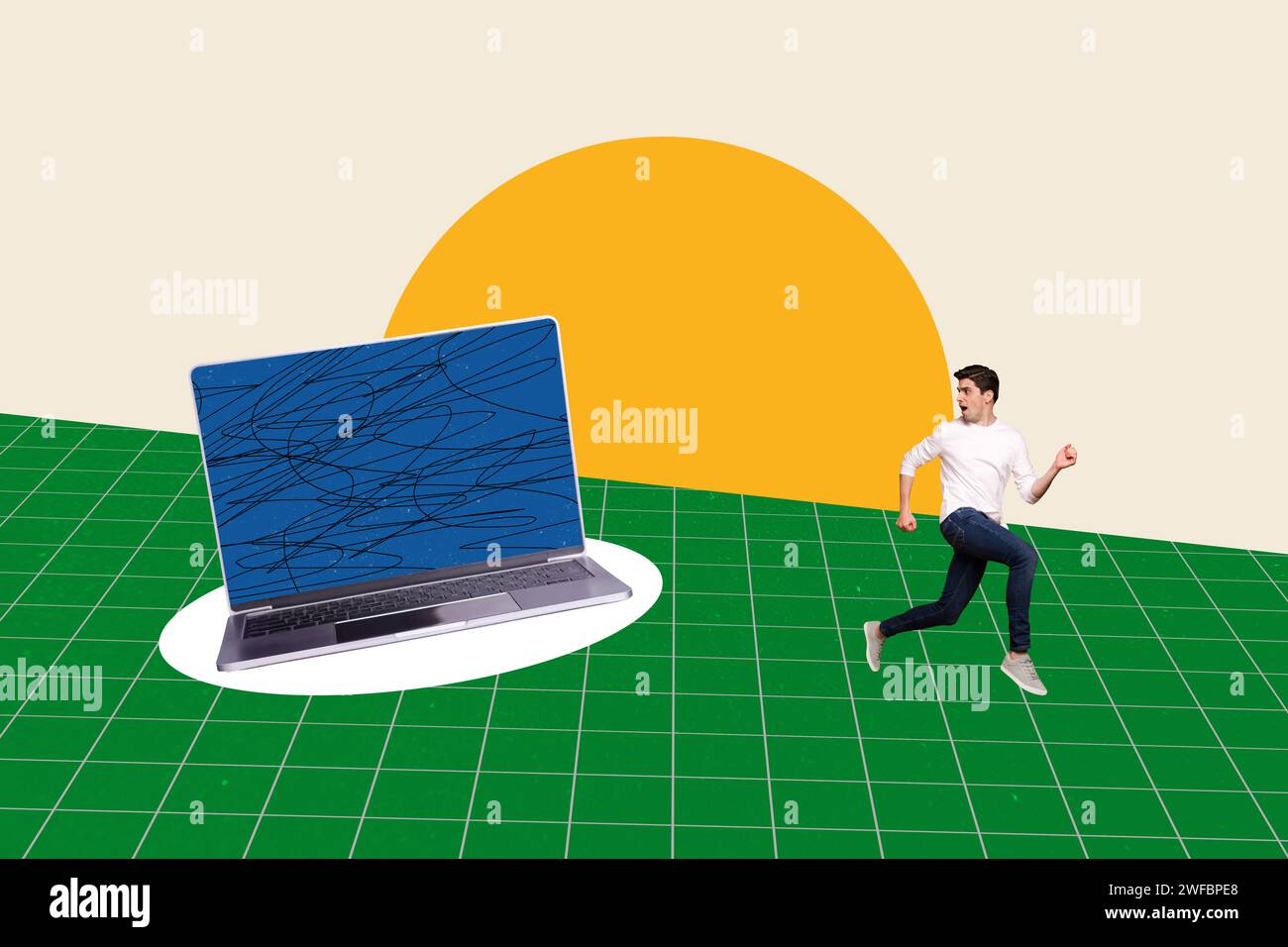 Photo cartoon comics sketch collage picture of scared guy running away ...