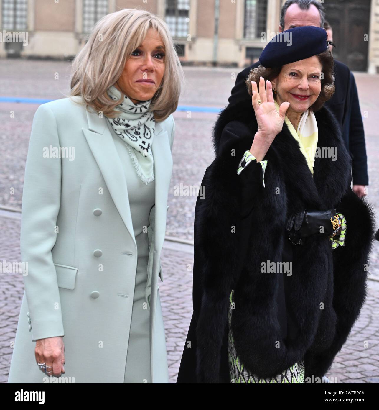 Mrs Brigitte Macron and Queen Silvia during a welcome ceremony at the ...