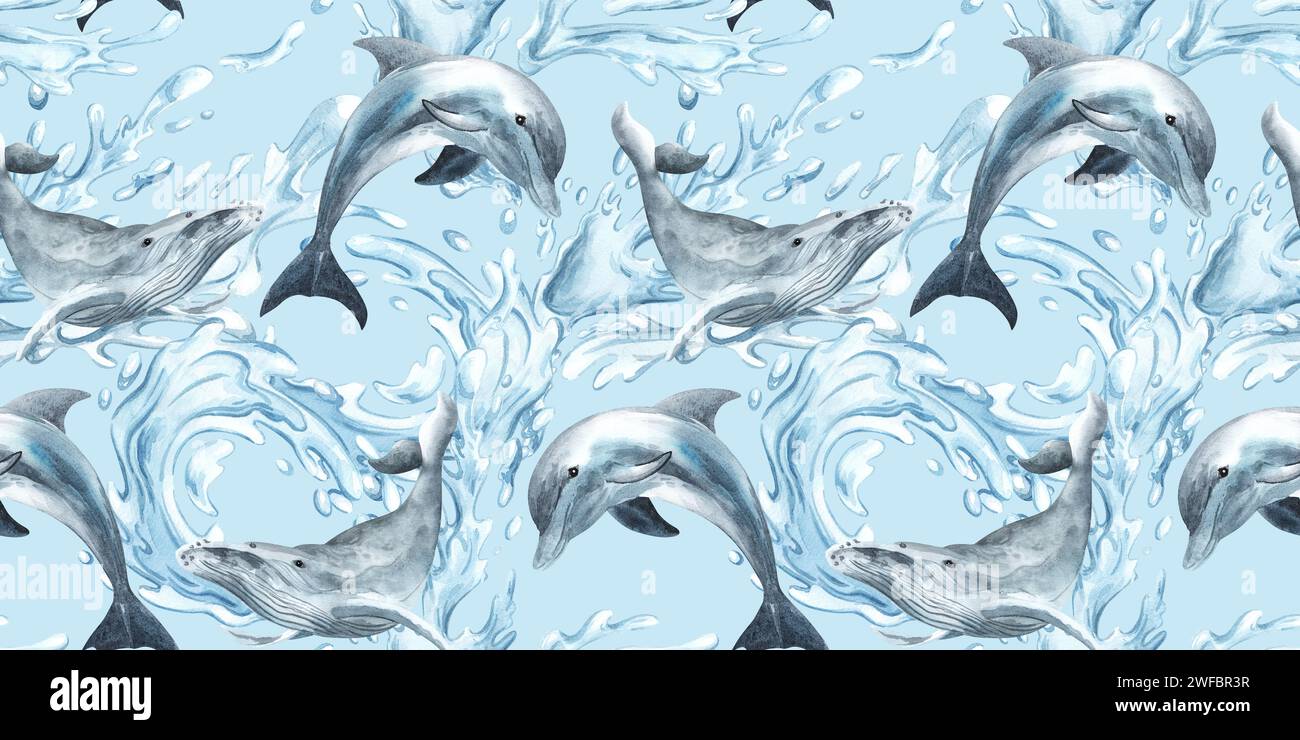 Dolphins and Whales watercolor, nature background, seamless pattern ...