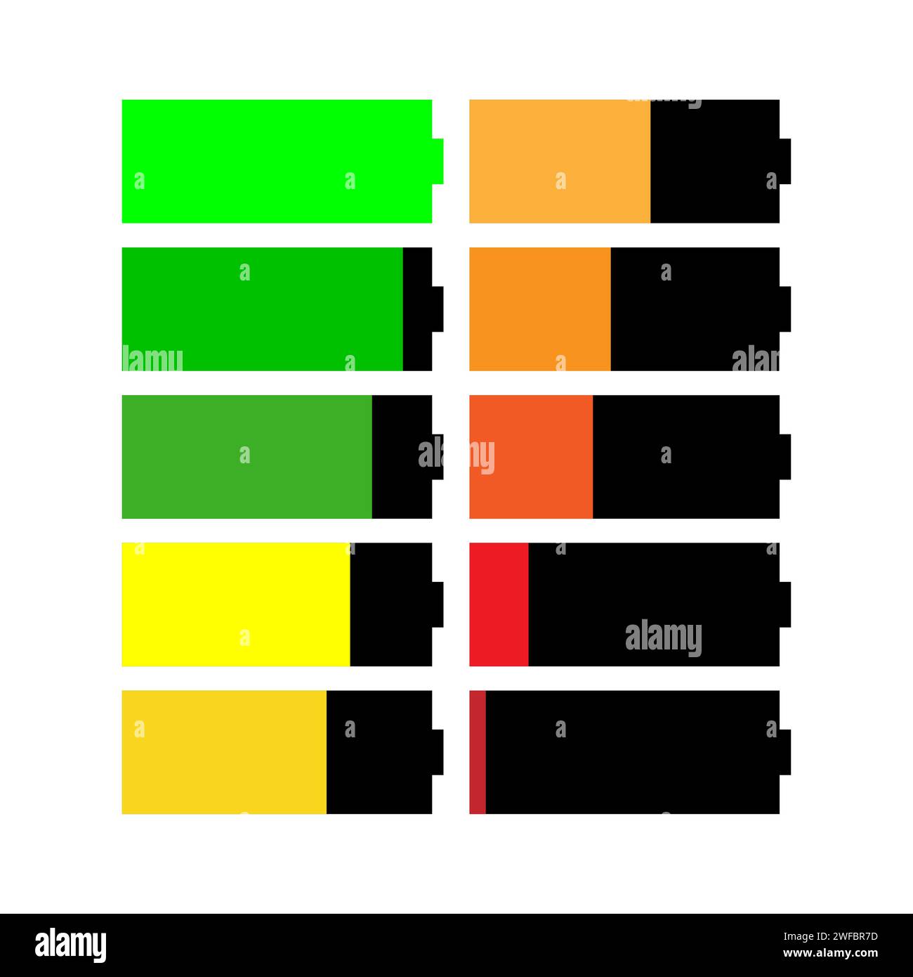 Charge battery icon set. Colored signs. Full and low energy. Cartoon ...