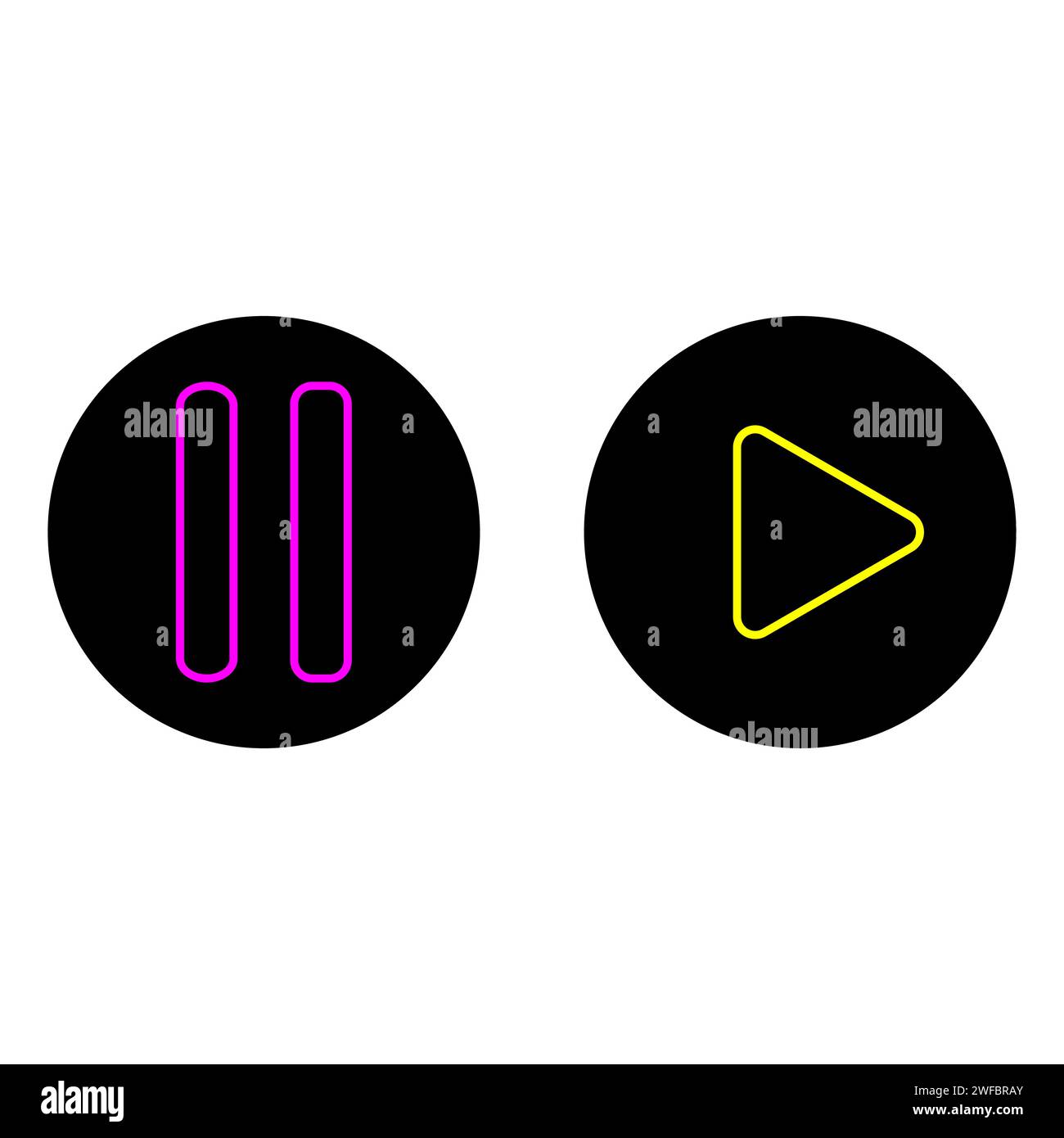 Play icon. Pause sign. Pink and yellow. Black circle. Multimedia ...