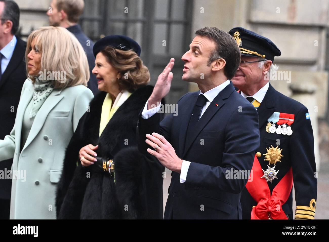 Mrs Brigitte Macron, Queen Silvia, President Emmanuel Macron and King ...