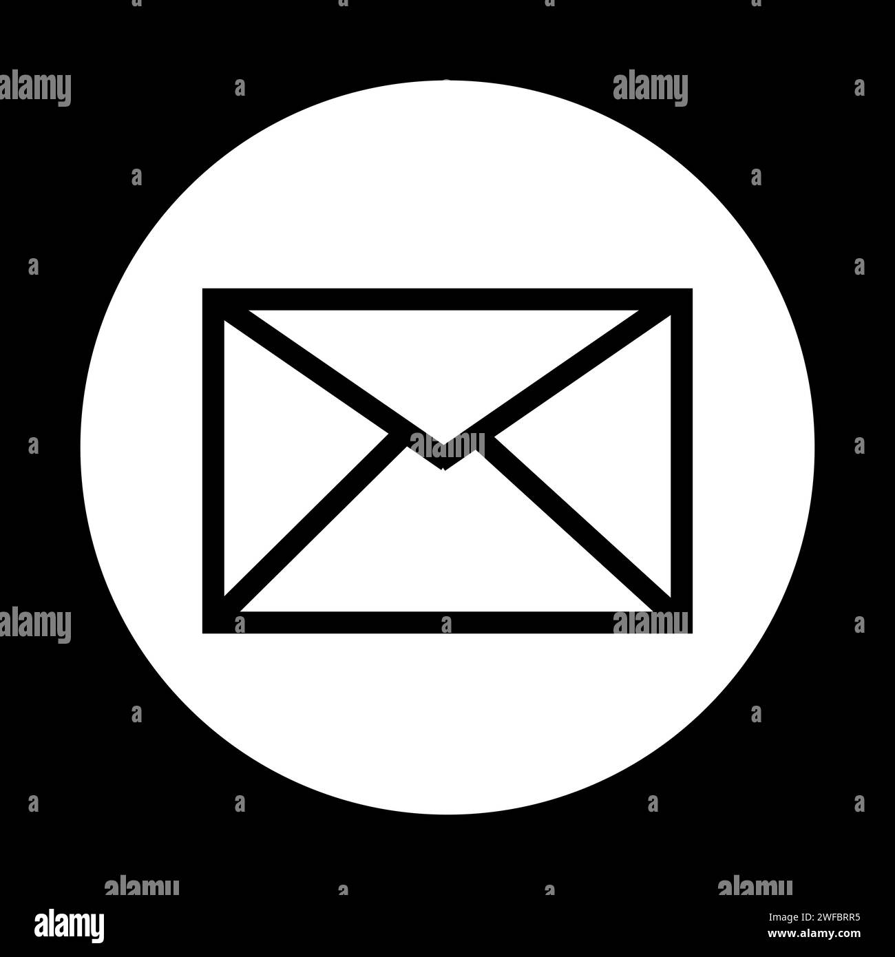 Envelope icon in circle. White in black. Message sign. App design. Hand ...